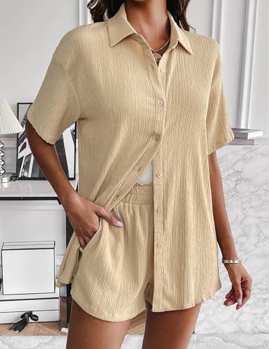 Ekouaer Womens Lounge Sets 2 Piece Outfits Casual Tracksuit Pajamas Set Button Down Shirt and Shorts Pockets Brown L