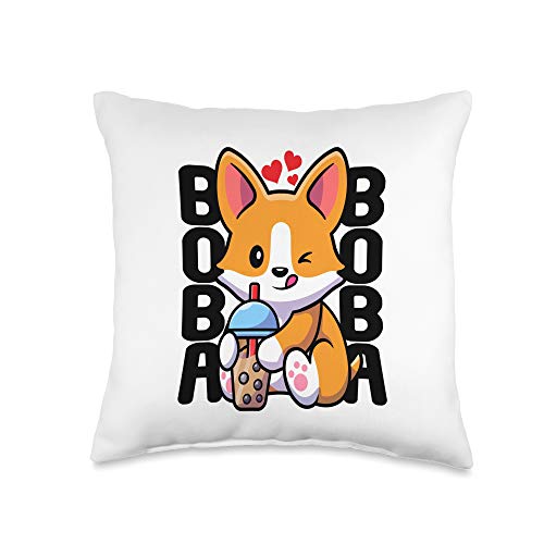 Adorable Corgi Doggy Furry Mammals Pedigree Canine Kawaii Boba Dog Corgi Drink Cute Anime Bubble Tea Heart Throw Pillow, 16x16, Multicolor
