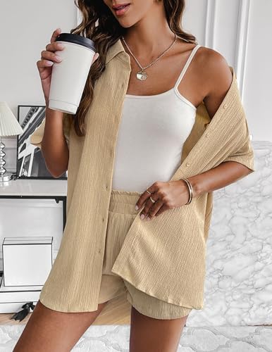 Ekouaer Womens Lounge Sets 2 Piece Outfits Casual Tracksuit Pajamas Set Button Down Shirt and Shorts Pockets Brown L