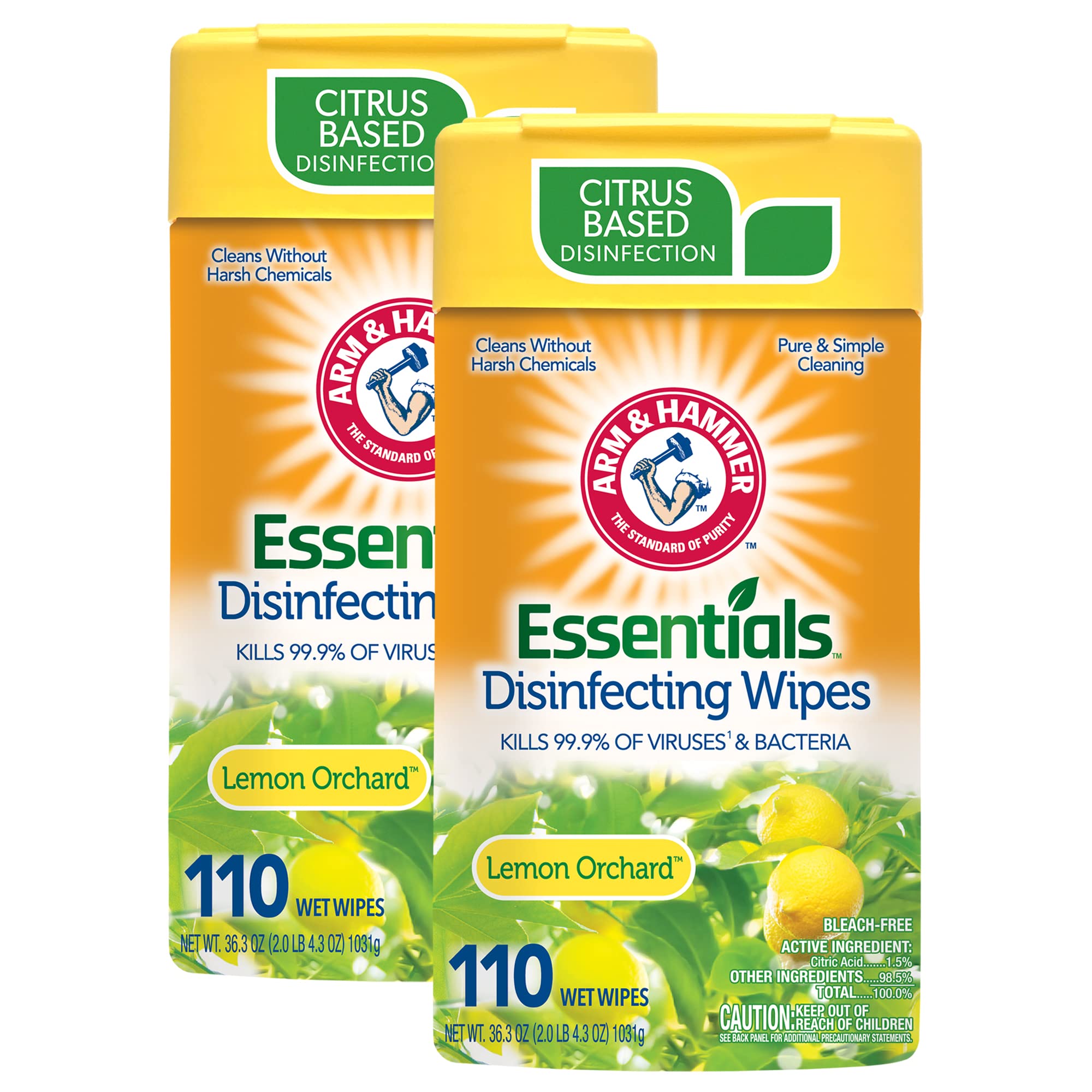 Arm & Hammer Essentials Disinfecting Wipes, Lemon Orchard 2-Pack, 110 Count, 220 Wipes, Volcano