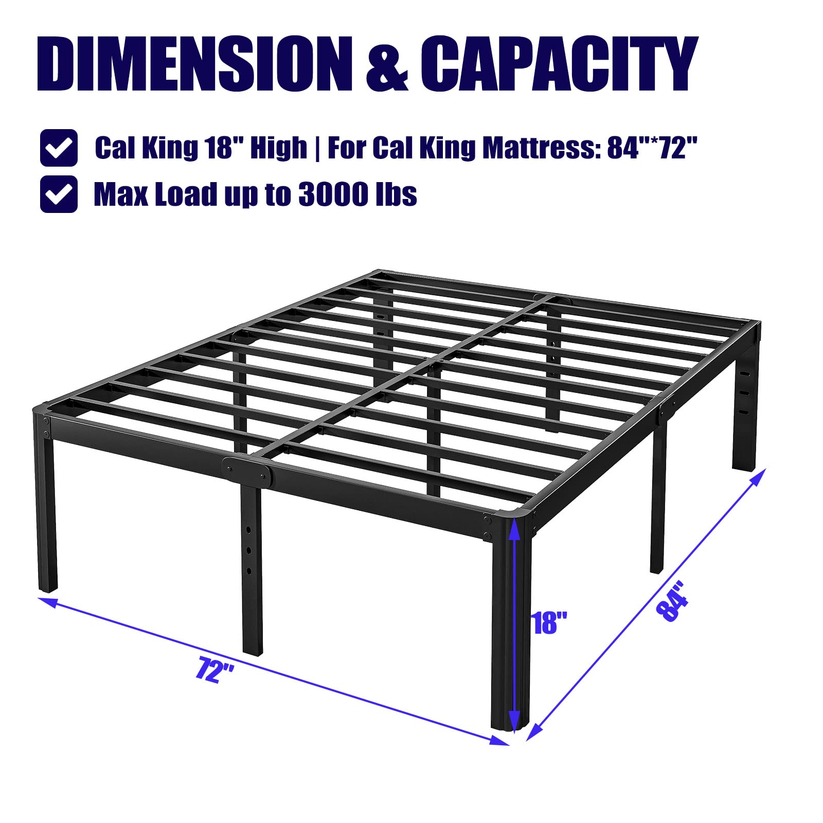 Hunlostten 18in High Heavy Duty California King Bed Frames No Box Spring Needed, Metal Platform Cal King Bed Frame with Round Corners, Easy Assembly, Noise Free, Black