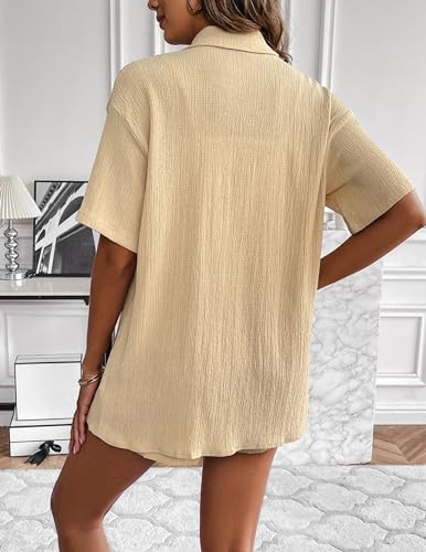 Ekouaer Womens Lounge Sets 2 Piece Outfits Casual Tracksuit Pajamas Set Button Down Shirt and Shorts Pockets Brown L