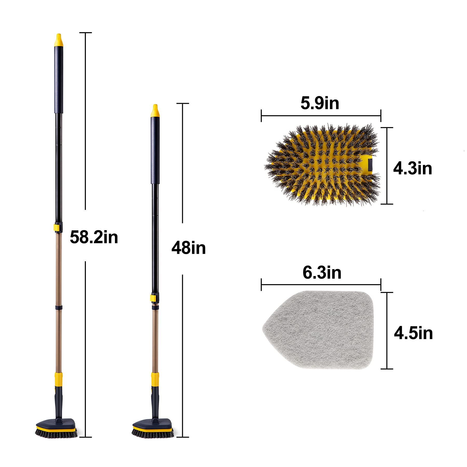 Yocada Tub Tile Scrubber Brush 2 in 1 Cleaning Brush 58.2" Adjustable Telescopic Pole Stiff Bristles Scouring Pads for Cleaning Bathroom Kitchen Toilet Wall Tub Tile Sink Non-Scratch