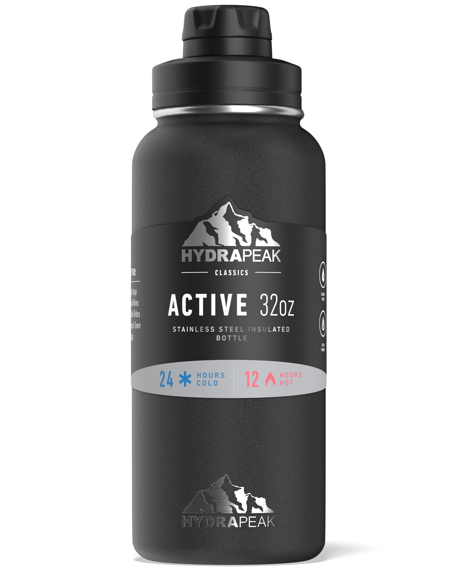 Hydrapeak 32 oz Insulated Water Bottle with Chug Lid - Reusable Leak Proof Stainless Steel Water Bottles, Double Wall Vacuum Insulation | 24 Hours Cold and 12 Hours Hot (Black)