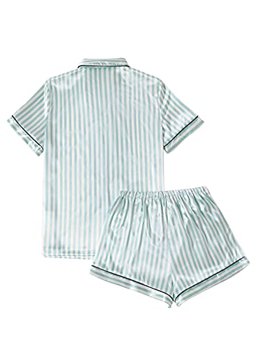 LYANER Women's Striped Silky Satin Pajamas Short Sleeve Top with Shorts Sleepwear PJ Set Light Green Small
