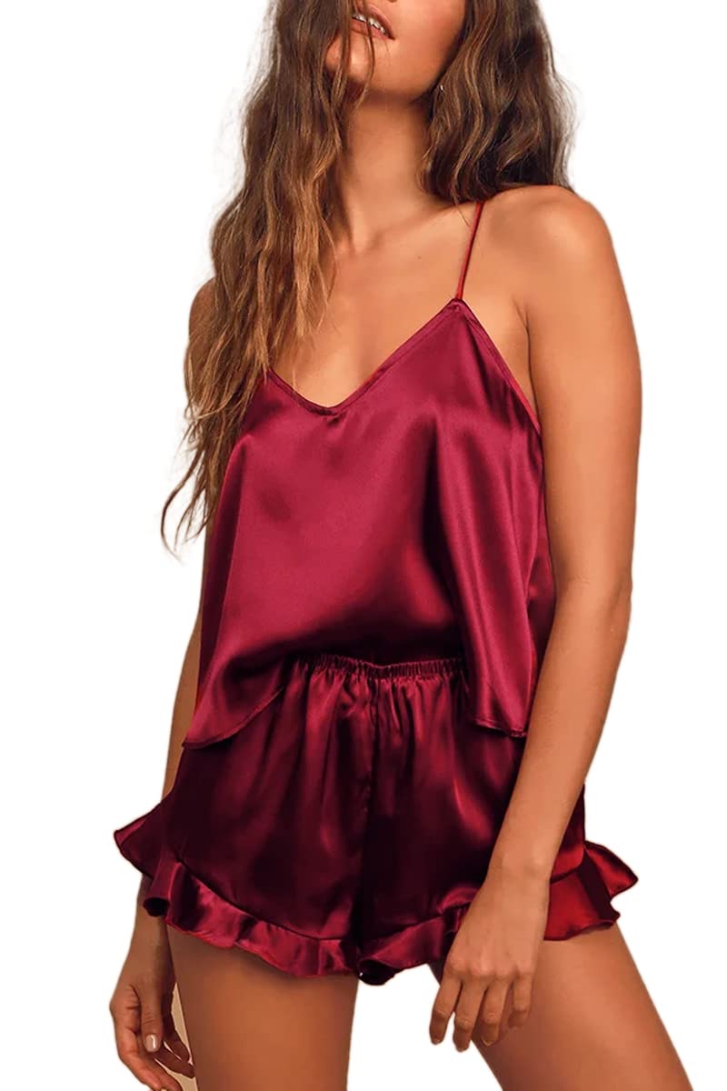 CHYRII Women's Sexy Silk Satin PJS Ruffle Cami Tops Shorts 2 PCS Pajamas Sets Nightwear Burgundy M