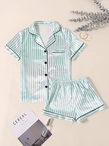 LYANER Women's Striped Silky Satin Pajamas Short Sleeve Top with Shorts Sleepwear PJ Set Light Green Small