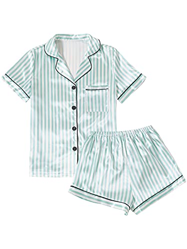 LYANER Women's Striped Silky Satin Pajamas Short Sleeve Top with Shorts Sleepwear PJ Set Light Green Small