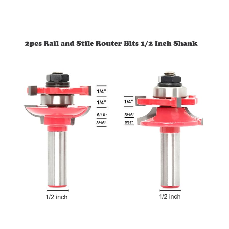 Sinoprotools 2Pcs Cabinet Door Rail and Stile Router Bits 1/2 Inch Shank, Round Over Rail and Stile Router Bit Set, Carbide-Tipped Milling Cutters for Professional Woodworking or DIY
