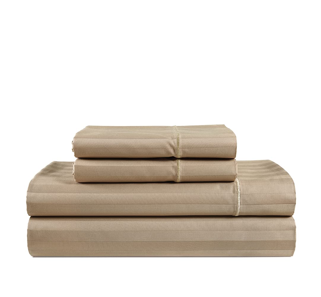 100% Egyption Cotton Cal King Solid Sheet Set & Striped Sheets Set of 2 Combo- 800 Thread Count Sateen Weave Cal KIng Size Solid Sheets & Striped Sheets, Deep Pocket Cotton Bedsheets - Taupe
