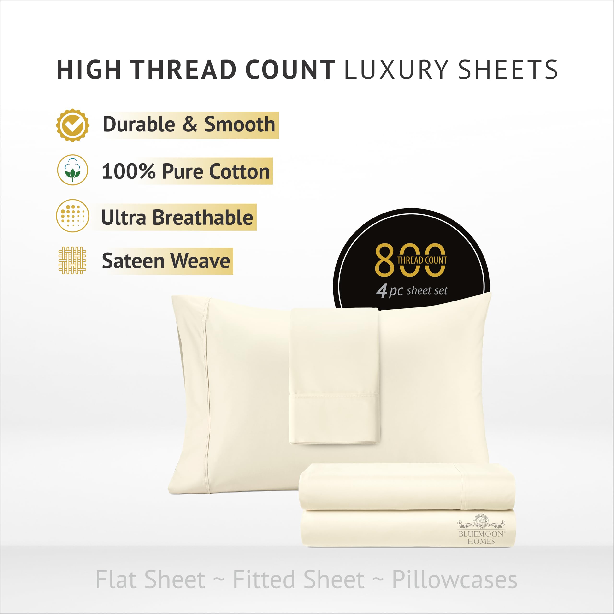 100% Cotton Sheets King Size Sheet Sets Egyptian Cotton Sheets 800 Thread Count - Extra Long-Staple Sheets, Fits Mattress Upto 16'' Deep Pocket, Sateen Weave, Soft Cotton Bed Sheet (Ivory)