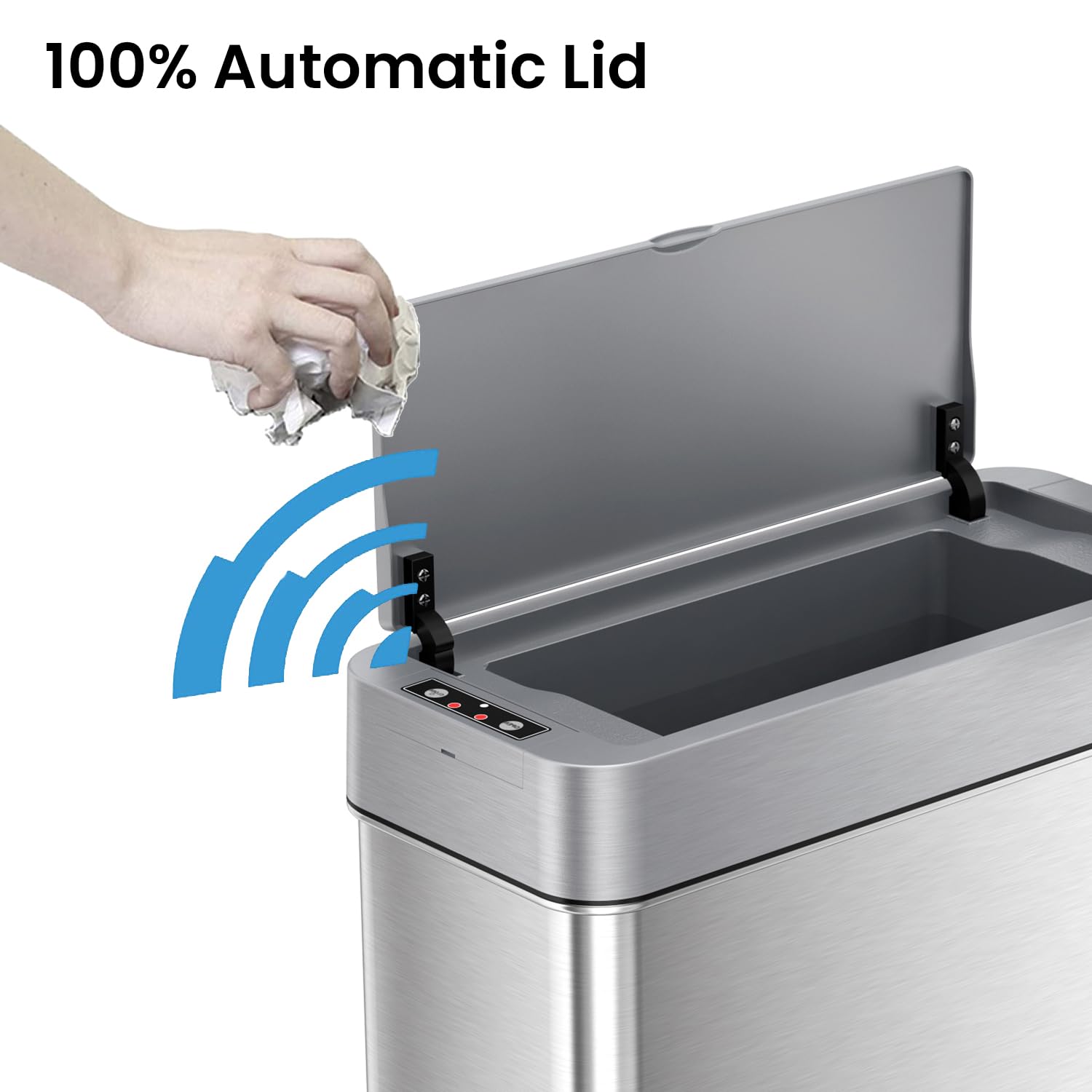 iTouchless 4 Gallon Bathroom Trash Can with Lid and Odor Filter, Lid Opens Left, 15 Liter Stainless Steel Slim Automatic Small Waste Basket Dustbin for Bedroom Home Office Living Room Garage