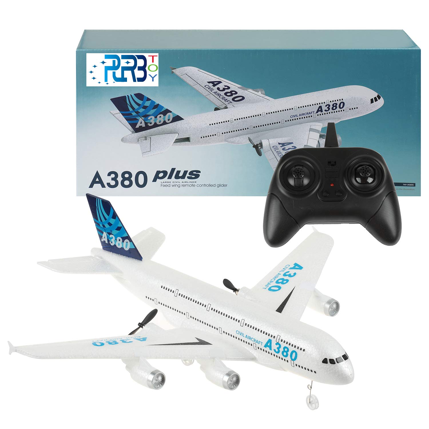 PLRB TOYS RC Plane Remote Control Airplane RC Plane,2.4Ghz DIY 2 Channels Radio Control Airplane Built in 6-Axis Gyro, A380 RC Aircraft EPP Foam Glider for Beginner (Two Batteries)