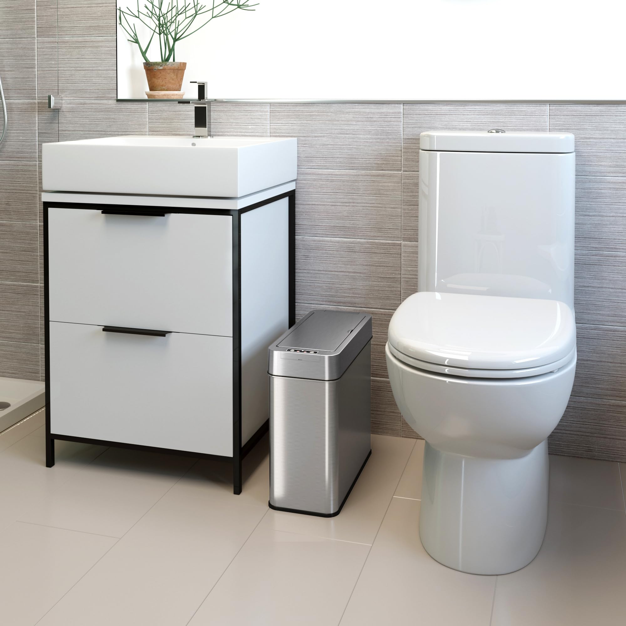 iTouchless 4 Gallon Bathroom Trash Can with Lid and Odor Filter, Lid Opens Left, 15 Liter Stainless Steel Slim Automatic Small Waste Basket Dustbin for Bedroom Home Office Living Room Garage