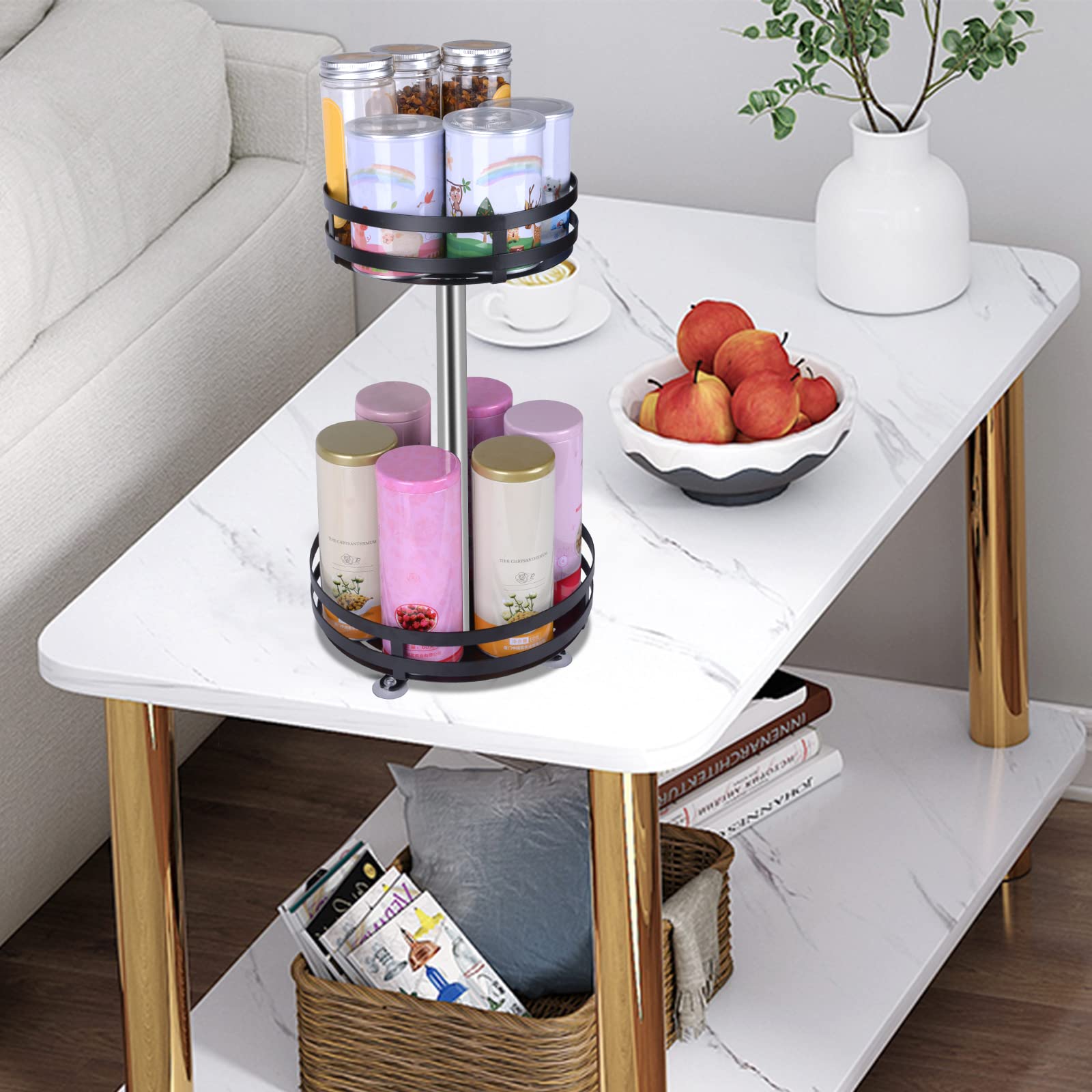 Lazy Susan Spice Rack 2 Tier Organizer for Kitchen Countertop Cabinet Pantry 10 inch Stainless Steel 360° Rotating Spice Rack (Black)