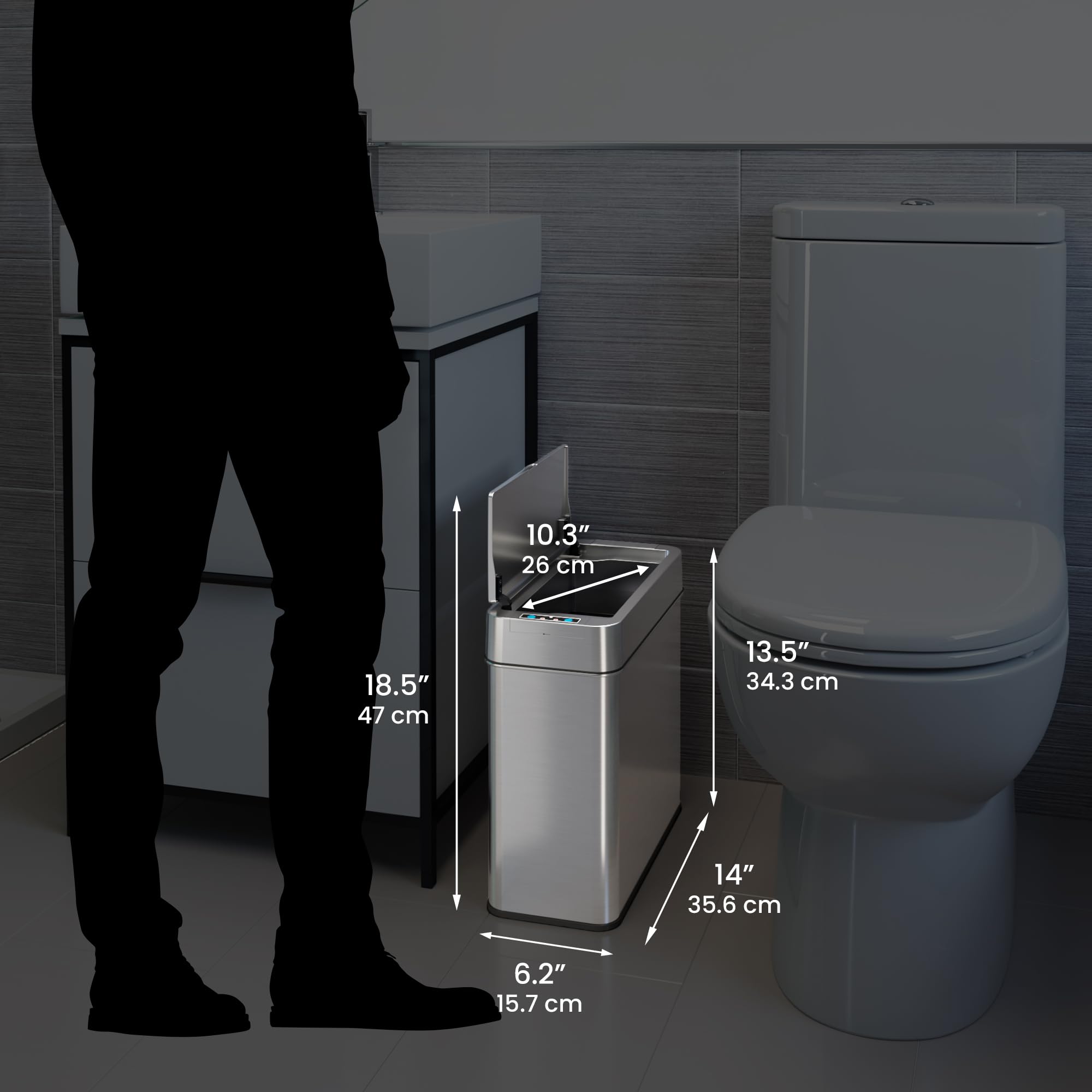 iTouchless 4 Gallon Bathroom Trash Can with Lid and Odor Filter, Lid Opens Left, 15 Liter Stainless Steel Slim Automatic Small Waste Basket Dustbin for Bedroom Home Office Living Room Garage