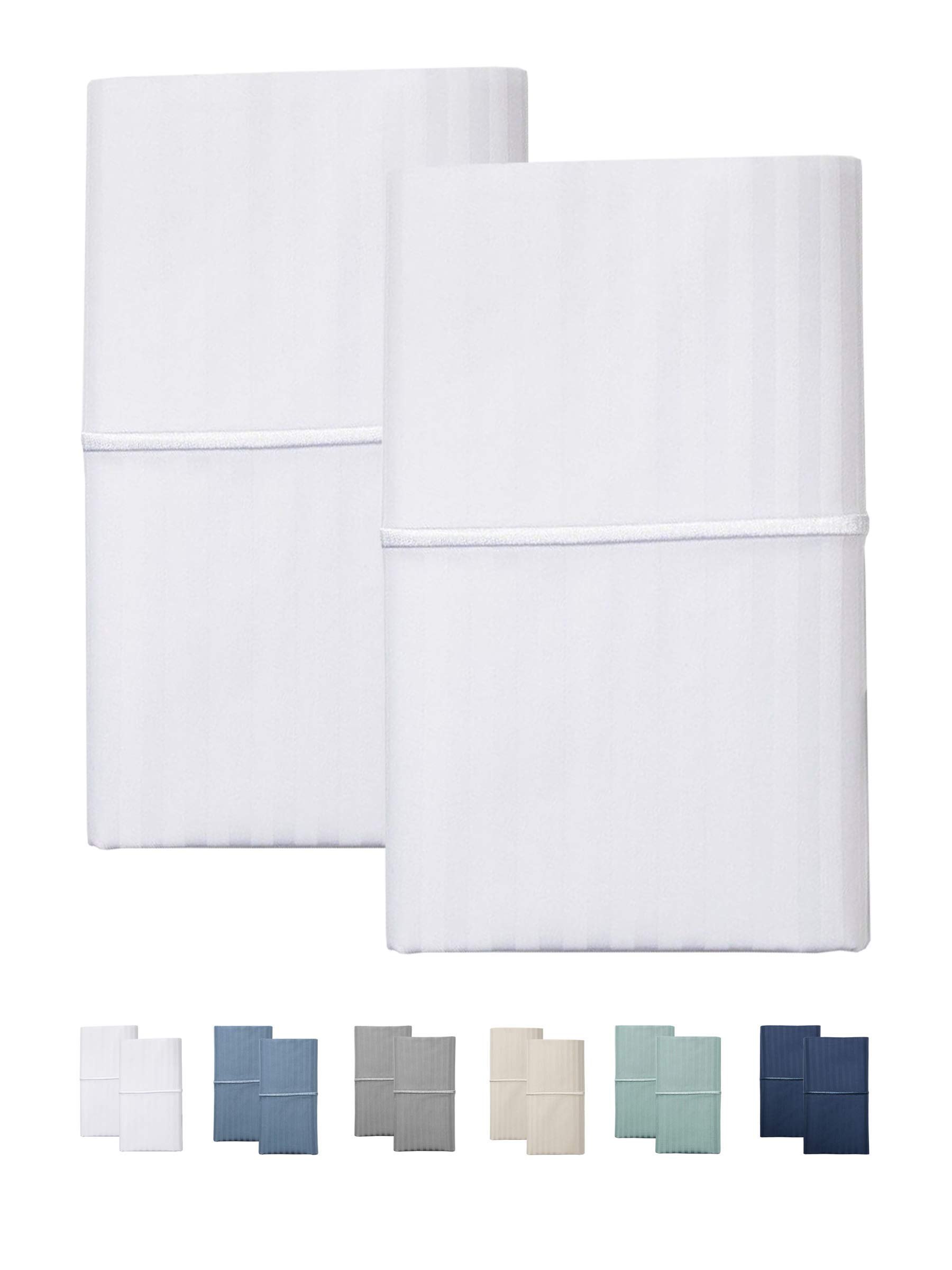 Feather & Stitch 100% Cotton 1 Piece Damask Stripe Queen Fitted Sheet 500 Thread Count White- Sateen Weave with 2 Extra Pillow Cases