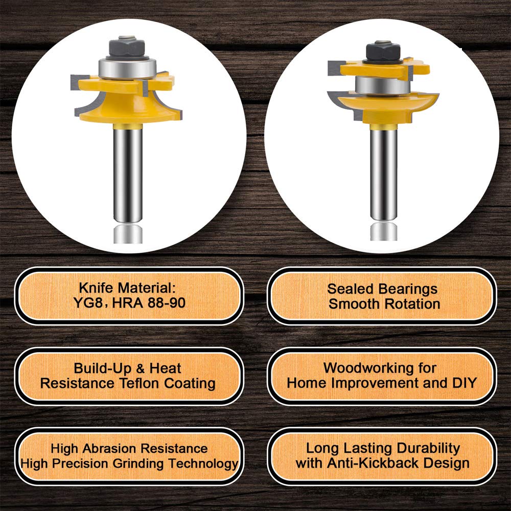 LEATBUY 1/2 Inch Shank Raised Panel Router Bit Set 3 PCS, Round Over Cabinet Door Rail and Stile Router Bits, Woodworking Wood Cutter, Wood Carbide Groove Tongue Milling Tool(1/2-Double R)