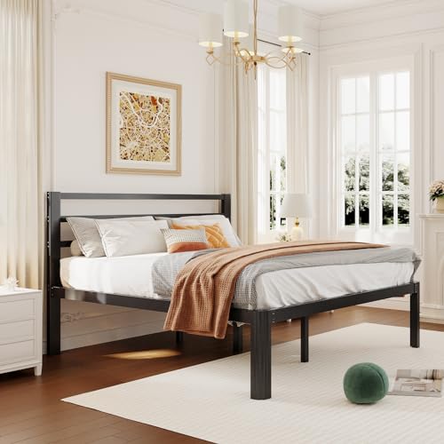 Woozuro California King Bed Frame with Headboard, 14 Inch Heavy Duty Metal Platform Bed Frames No Box Spring Needed, Round-Corner Leg Design Mattress Foundation, Easy Assembly, Noise Free, Black
