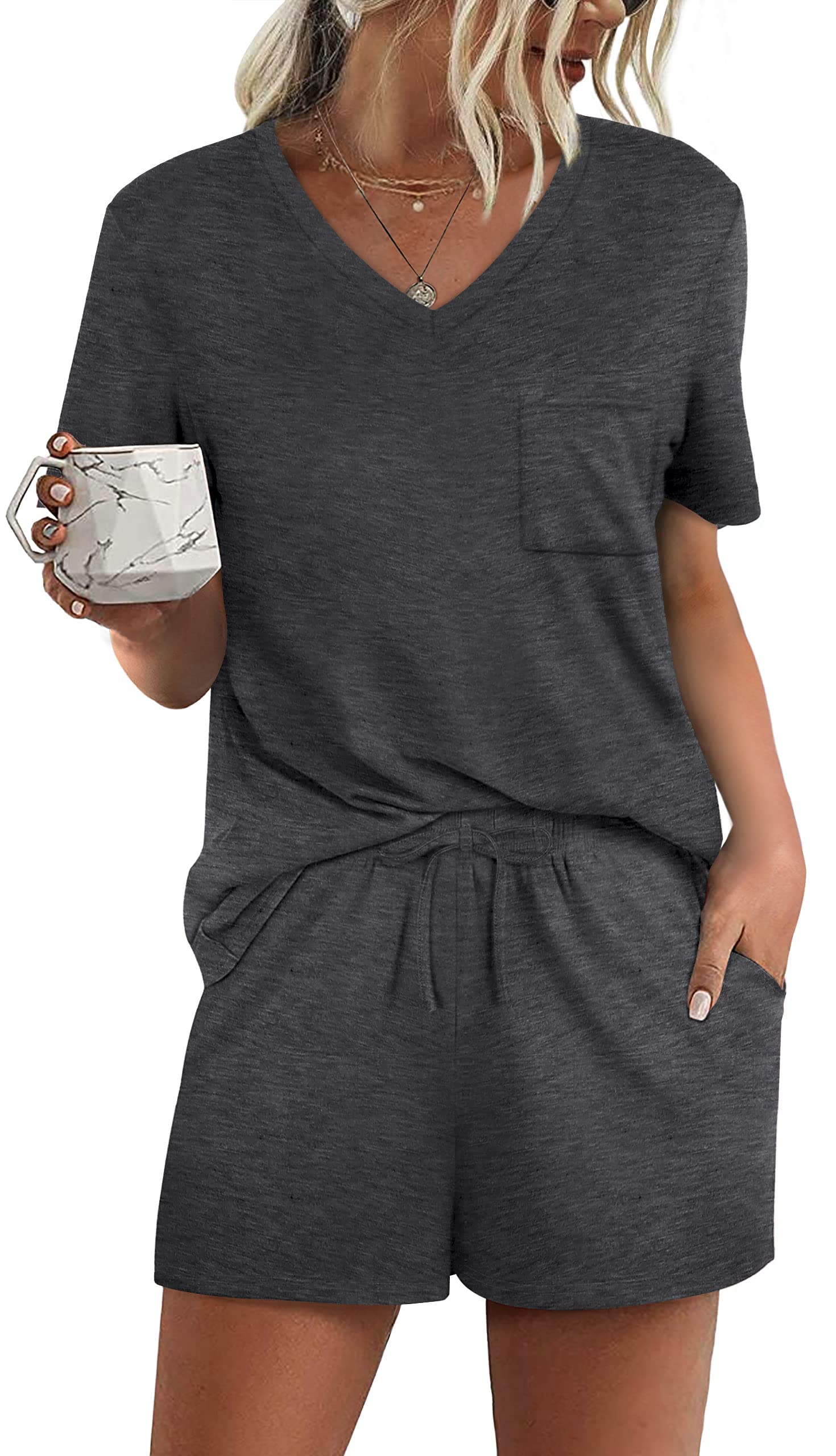 RUBZOOF Pajamas for Women Shorts Set Casual V Neck Short Sleeve Summer 2 Piece Lounge Sets Dark Grey M