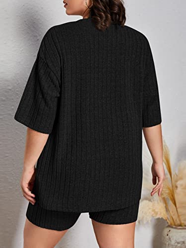 Verdusa Women's Plus Size Lounge Sets 2 Piece Ribbed Half Sleeve Top and Shorts Black 4XL