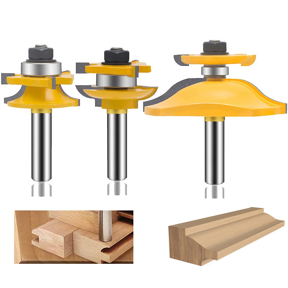 LEATBUY 1/2 Inch Shank Raised Panel Router Bit Set 3 PCS, Round Over Cabinet Door Rail and Stile Router Bits, Woodworking Wood Cutter, Wood Carbide Groove Tongue Milling Tool(1/2-Double R)