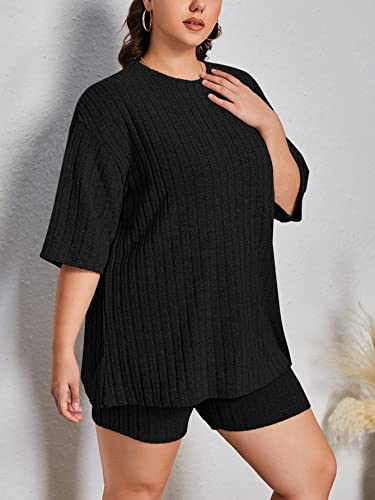 Verdusa Women's Plus Size Lounge Sets 2 Piece Ribbed Half Sleeve Top and Shorts Black 4XL