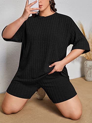 Verdusa Women's Plus Size Lounge Sets 2 Piece Ribbed Half Sleeve Top and Shorts Black 4XL