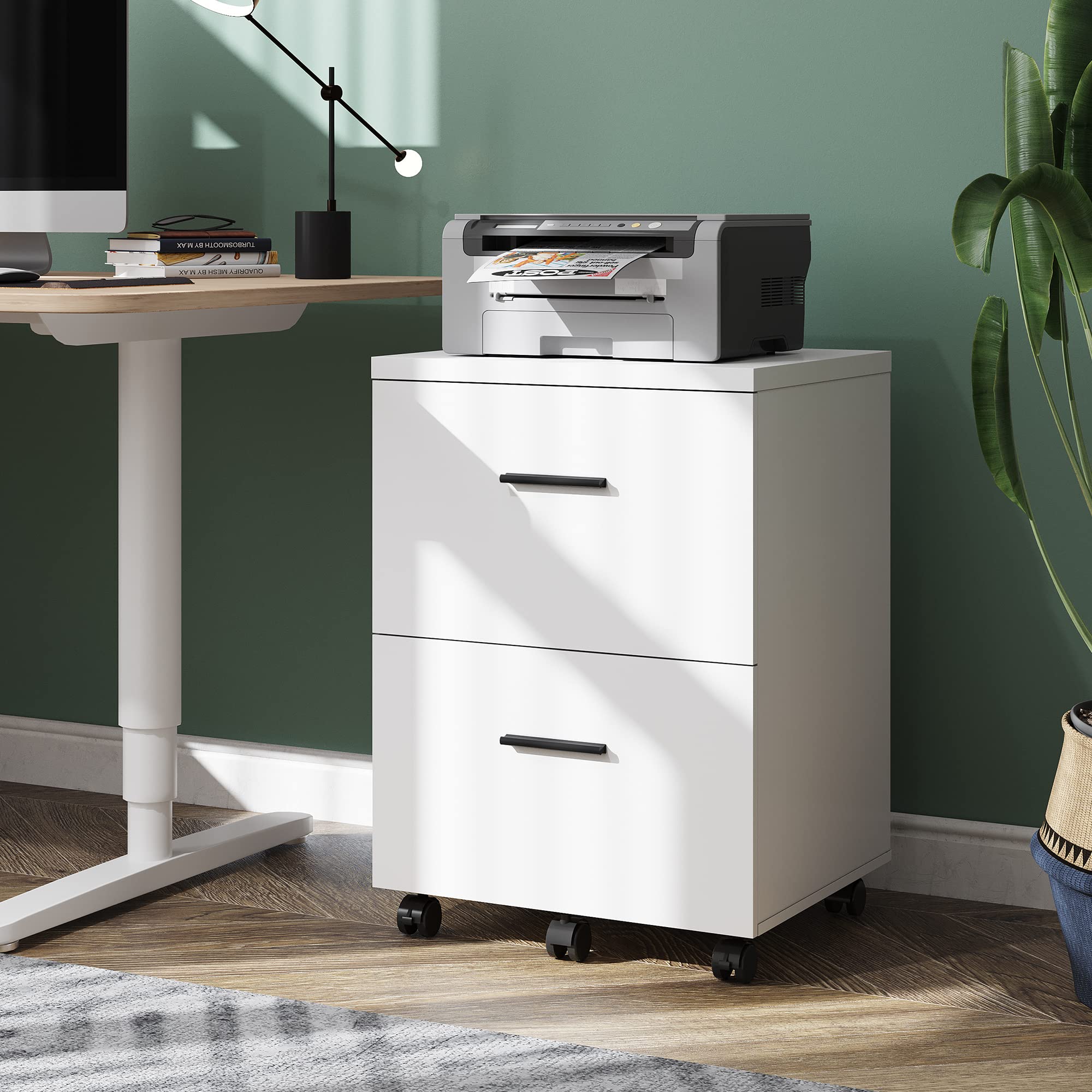 DEVAISE 2 Drawer Wood File Cabinet, Mobile Lateral Filing Cabinet with Storage, Letter Legal Size, White
