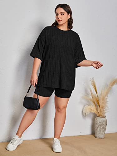 Verdusa Women's Plus Size Lounge Sets 2 Piece Ribbed Half Sleeve Top and Shorts Black 4XL