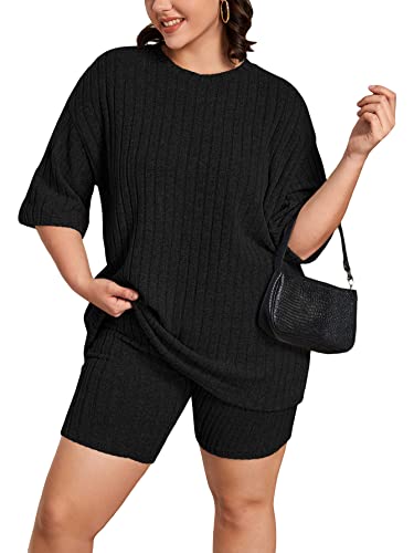 Verdusa Women's Plus Size Lounge Sets 2 Piece Ribbed Half Sleeve Top and Shorts Black 4XL