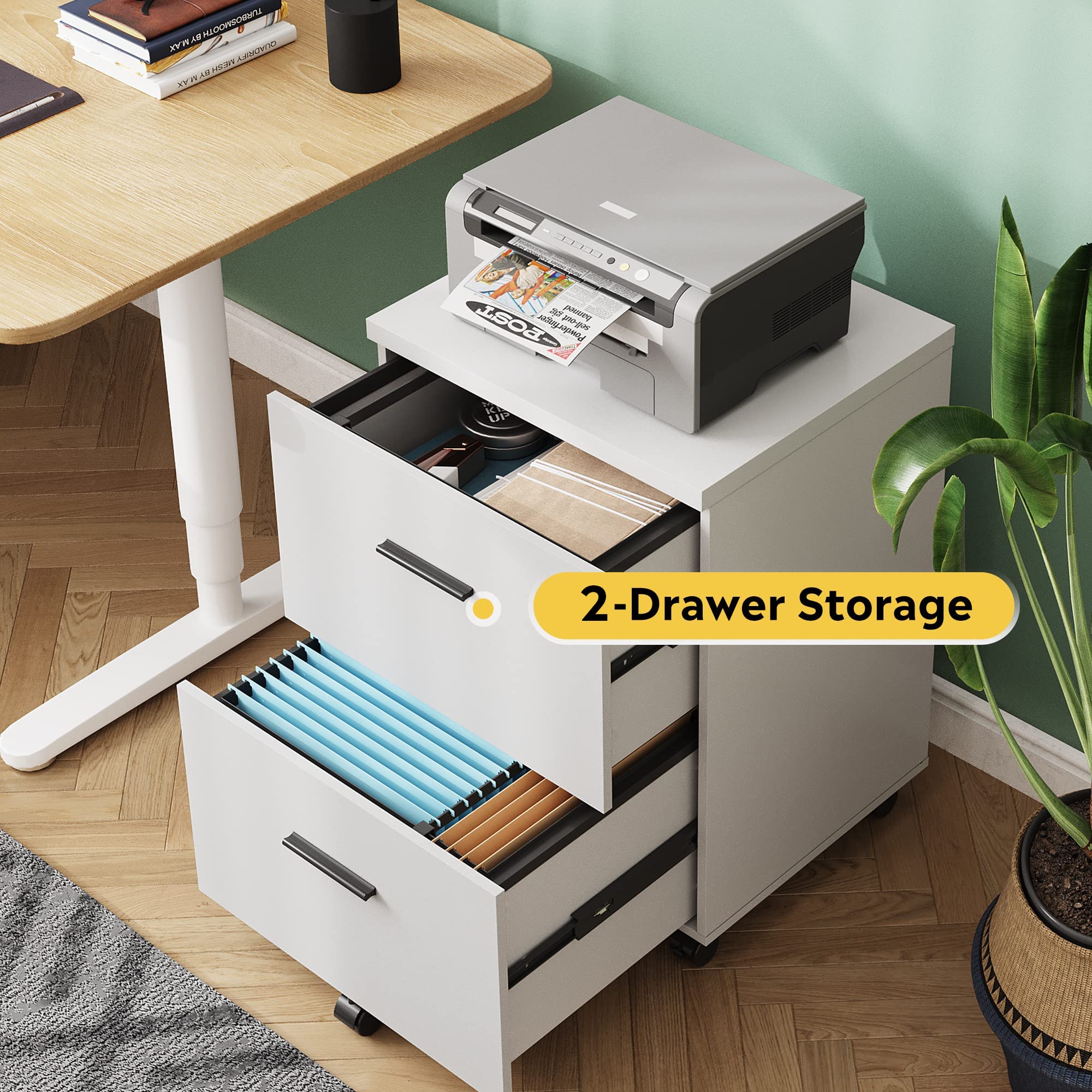 DEVAISE 2 Drawer Wood File Cabinet, Mobile Lateral Filing Cabinet with Storage, Letter Legal Size, White