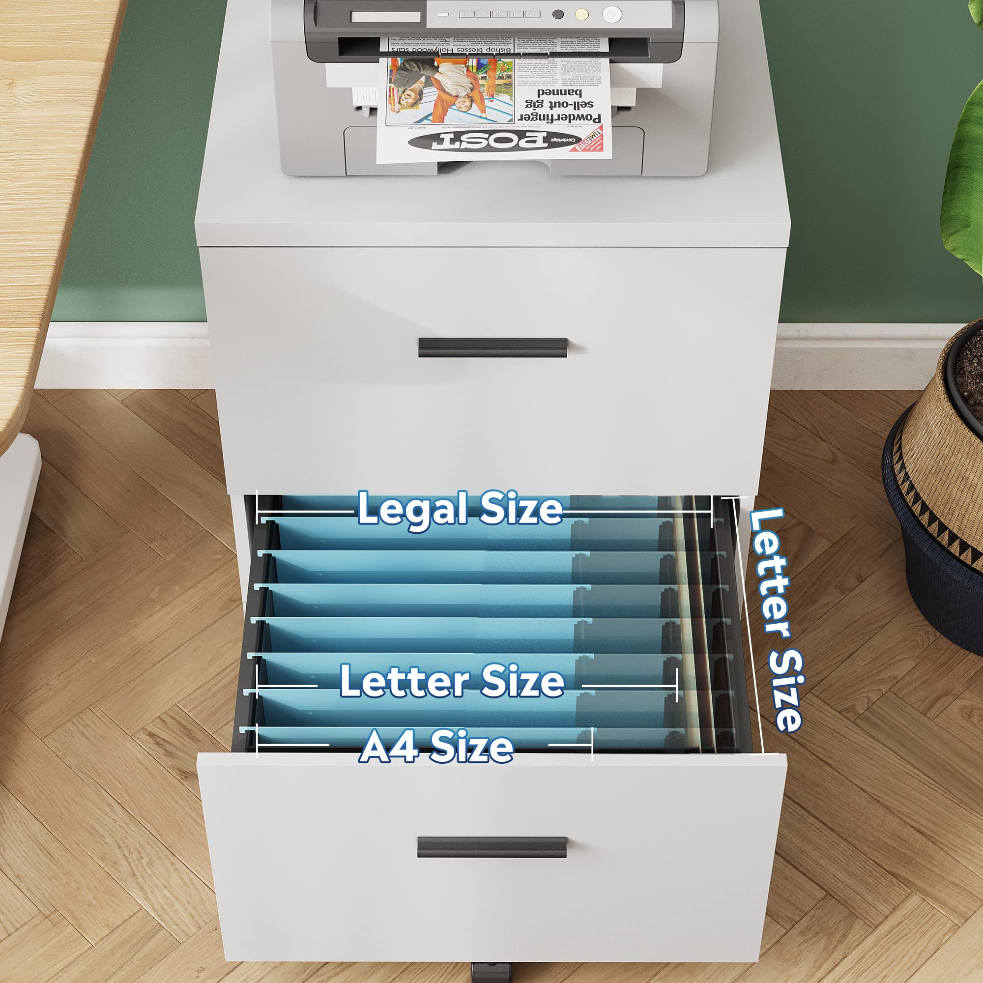 DEVAISE 2 Drawer Wood File Cabinet, Mobile Lateral Filing Cabinet with Storage, Letter Legal Size, White
