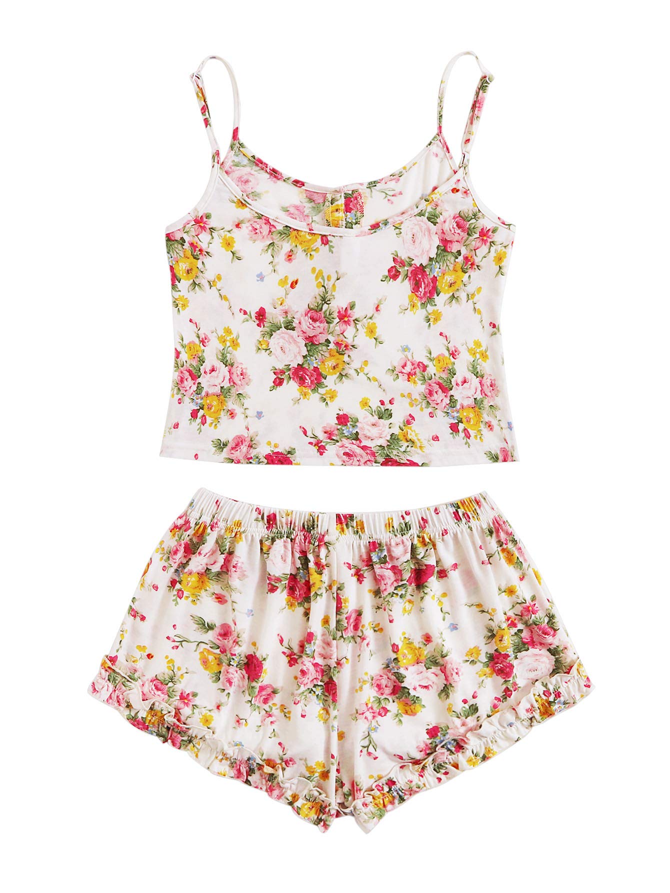 SheIn Women's Pajamas Sets Button Front Tank and Shorts Lounge Set Sleepwear White Floral X-Large
