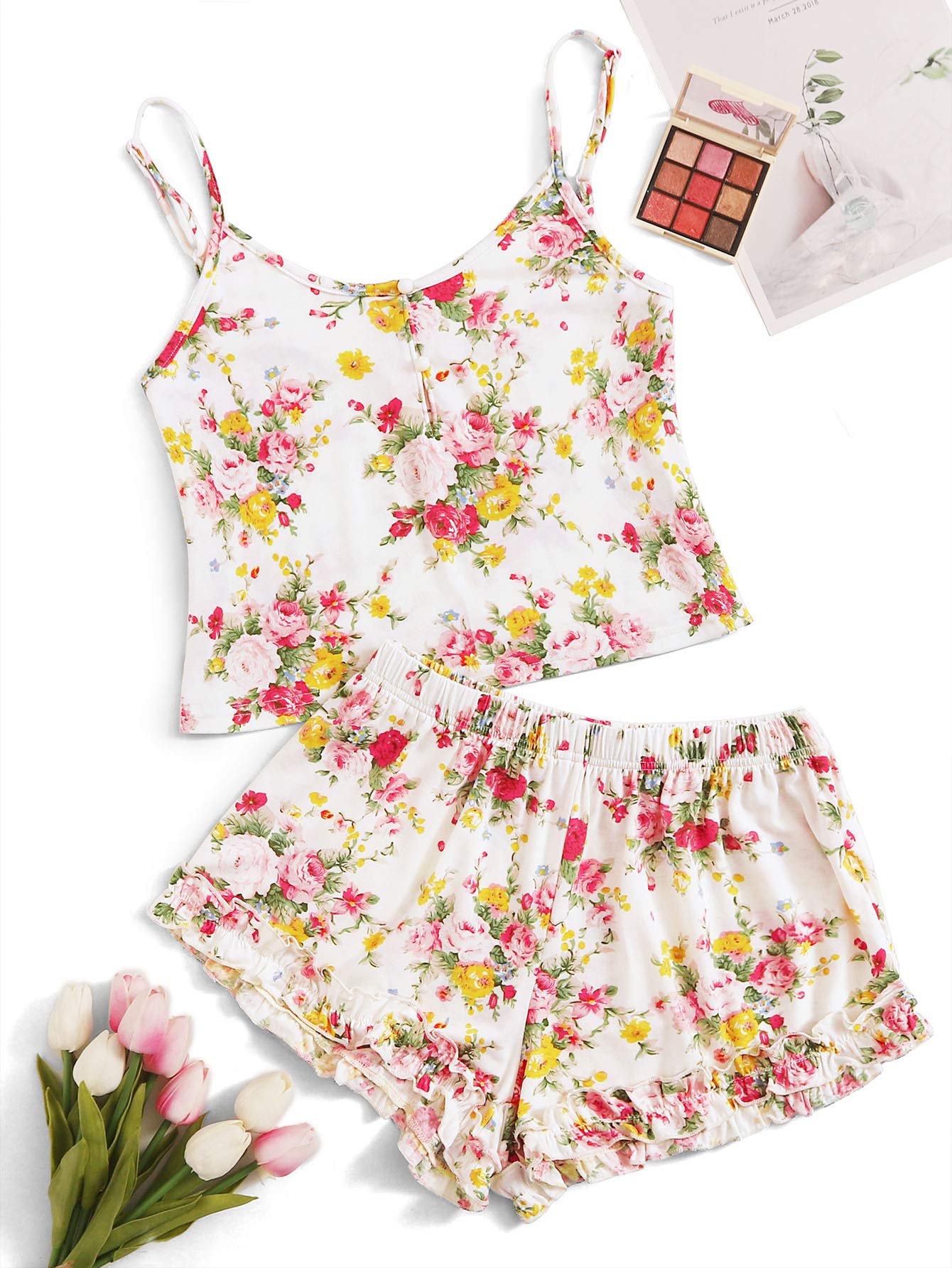 SheIn Women's Pajamas Sets Button Front Tank and Shorts Lounge Set Sleepwear White Floral X-Large