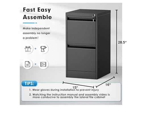 Superday 2 Drawer Vertical File Cabinet, 18” D Filing Cabinet with Lock, Locking Filing Cabinet for Home Office, Black Metal File Cabinet for Hanging Letter/Legal Folders