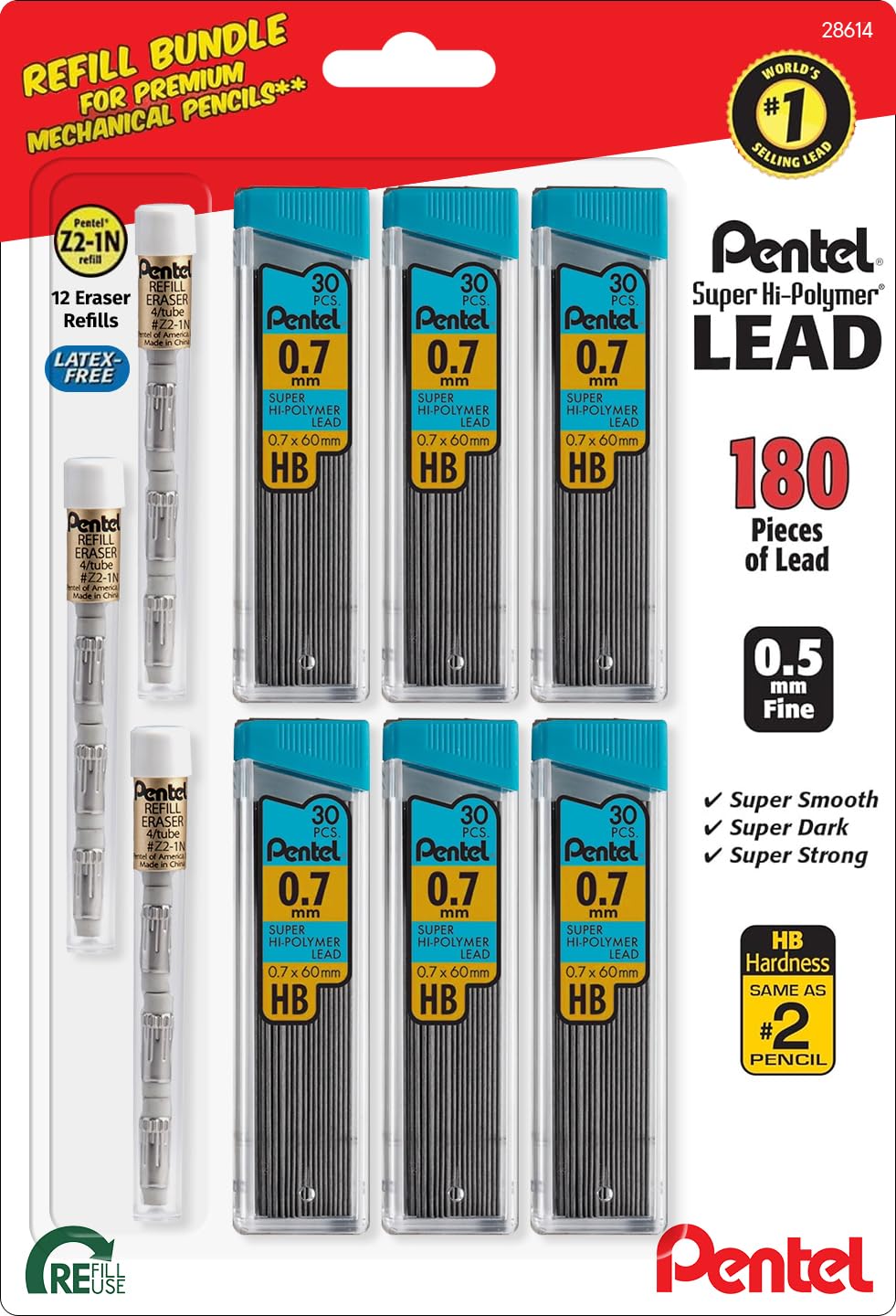 Pentel Eraser and Lead Refill Pack for Mechanical Pencils - Super Hi-polymer Lead Refills Value Pack - 0.7mm 6 Pack of 30 Pieces â Pack of White Eraser Refills 3 Packs of 4 Erasers Each
