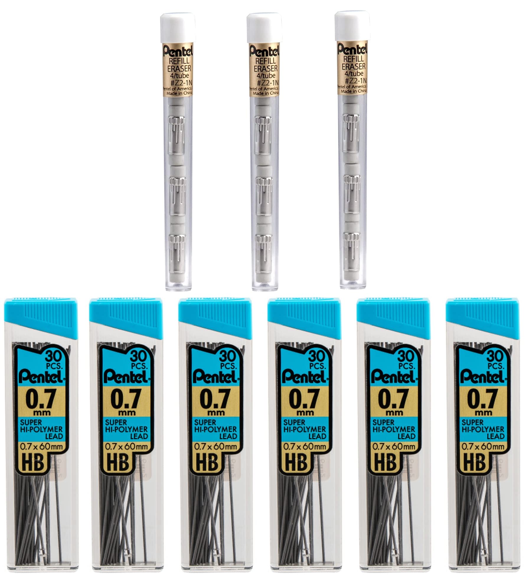 Pentel Eraser and Lead Refill Pack for Mechanical Pencils - Super Hi-polymer Lead Refills Value Pack - 0.7mm 6 Pack of 30 Pieces – Pack of White Eraser Refills 3 Packs of 4 Erasers Each
