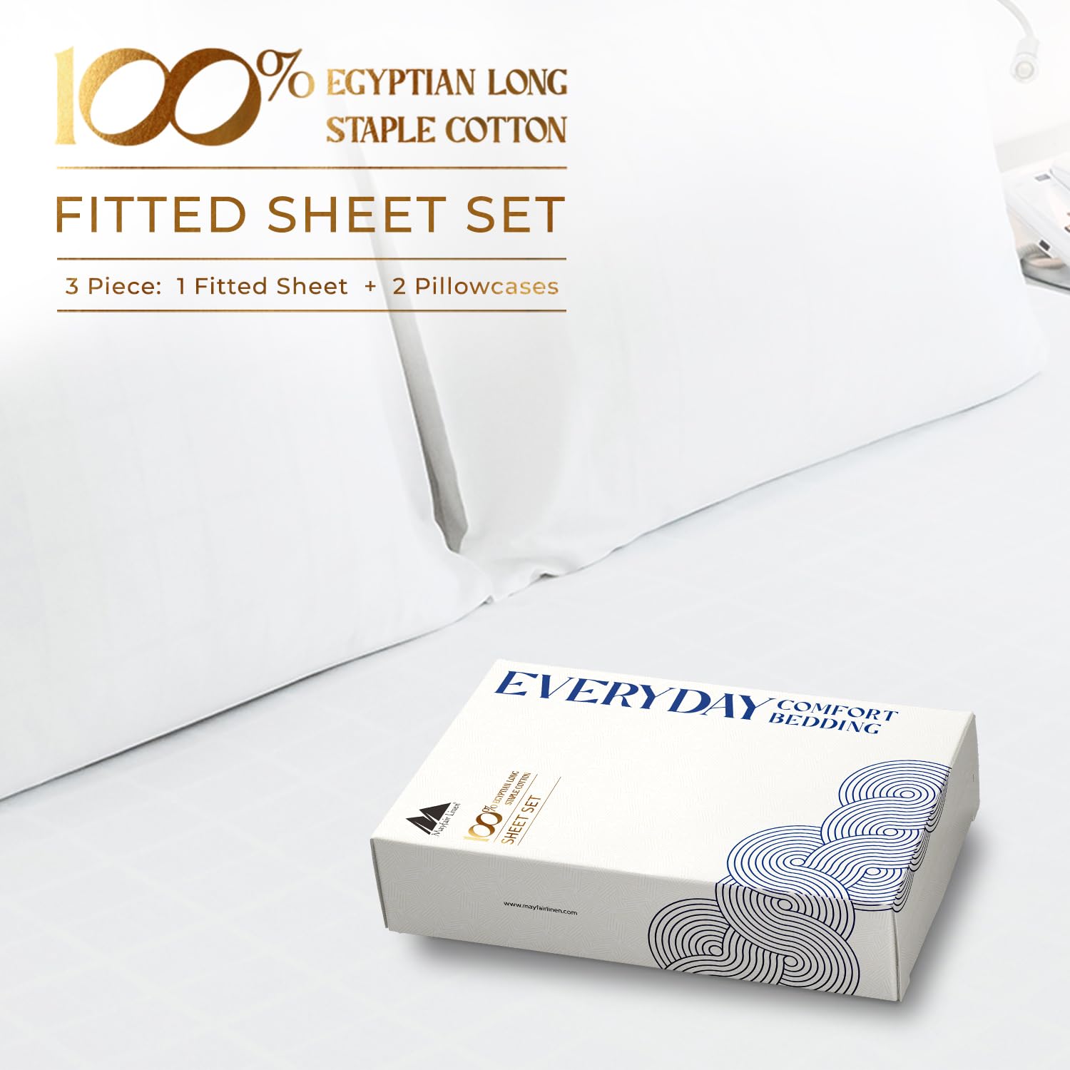 Mayfair Linen Queen Size Percale Sheet, Egyptian Cotton Rich Sheet, 3-Piece Set (1 Fitted Sheet, 2 Pillowcases) for Queen Size Bed, Ultra Soft, Fits Mattress Upto 18" Deep - White (No Flat Sheet)