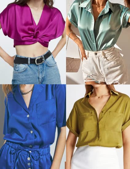 Ekouaer Satin Pajamas Set For Women Short Sleeve Button-Down Tops And Shorts 2 Piece Pjs Silk Sleepwear Light Blue L