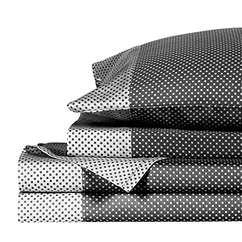 Anne Klein Westhill Dot, 100% Cotton Sateen Sheet Set, with Flat Sheet, Fitted Sheet, Pillowcases,Full, Black