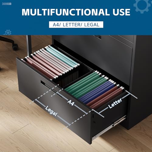PEUKC 3-Drawer Metal File Cabinet, Lateral Vertical Filing Cabinets for Home Office, Locking File Cabinet with Storage Shelves, Legal/Letter/A4 Size Office File Cabinet,(Black, Assemble Required)