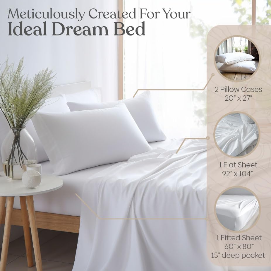 Queen Size White Color Flat and Fitted Sheet Set of 4 | Haus and Kinder 400 TC Hotel Luxury Breathable Bedding Sheets | 100% Long Staple Cotton, Sateen Weave Bed Sheets (Queen, White)