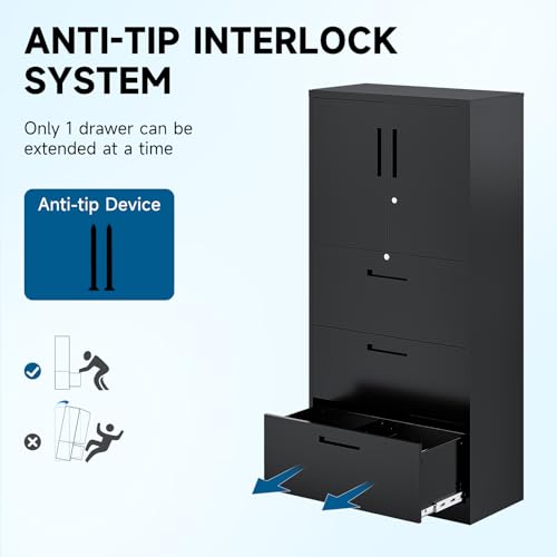 PEUKC 3-Drawer Metal File Cabinet, Lateral Vertical Filing Cabinets for Home Office, Locking File Cabinet with Storage Shelves, Legal/Letter/A4 Size Office File Cabinet,(Black, Assemble Required)