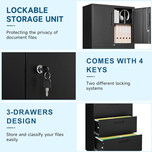 PEUKC 3-Drawer Metal File Cabinet, Lateral Vertical Filing Cabinets for Home Office, Locking File Cabinet with Storage Shelves, Legal/Letter/A4 Size Office File Cabinet,(Black, Assemble Required)