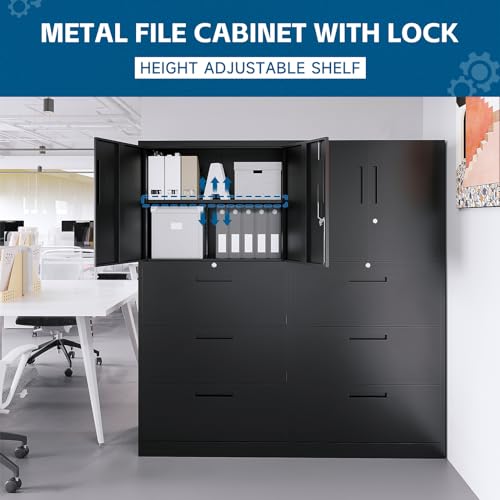 PEUKC 3-Drawer Metal File Cabinet, Lateral Vertical Filing Cabinets for Home Office, Locking File Cabinet with Storage Shelves, Legal/Letter/A4 Size Office File Cabinet,(Black, Assemble Required)