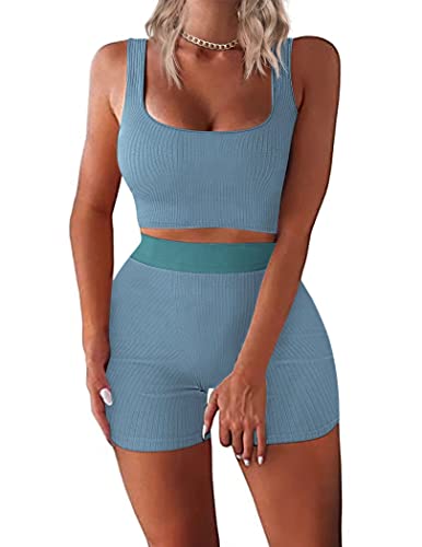 Ekouaer Sweatsuits for Women Knit Loungewear Set Tank and High Waist Shorts Pj Set Summer Casual Sleepwear Blue,Small
