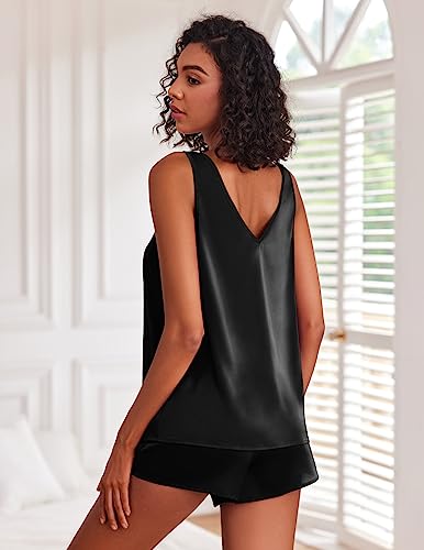 Ekouaer Satin Pajamas Womens Pjs Tank Shorts Set Silk Soft Sleepwear V Neck Summer 2 Piece Lounge Set Black,L