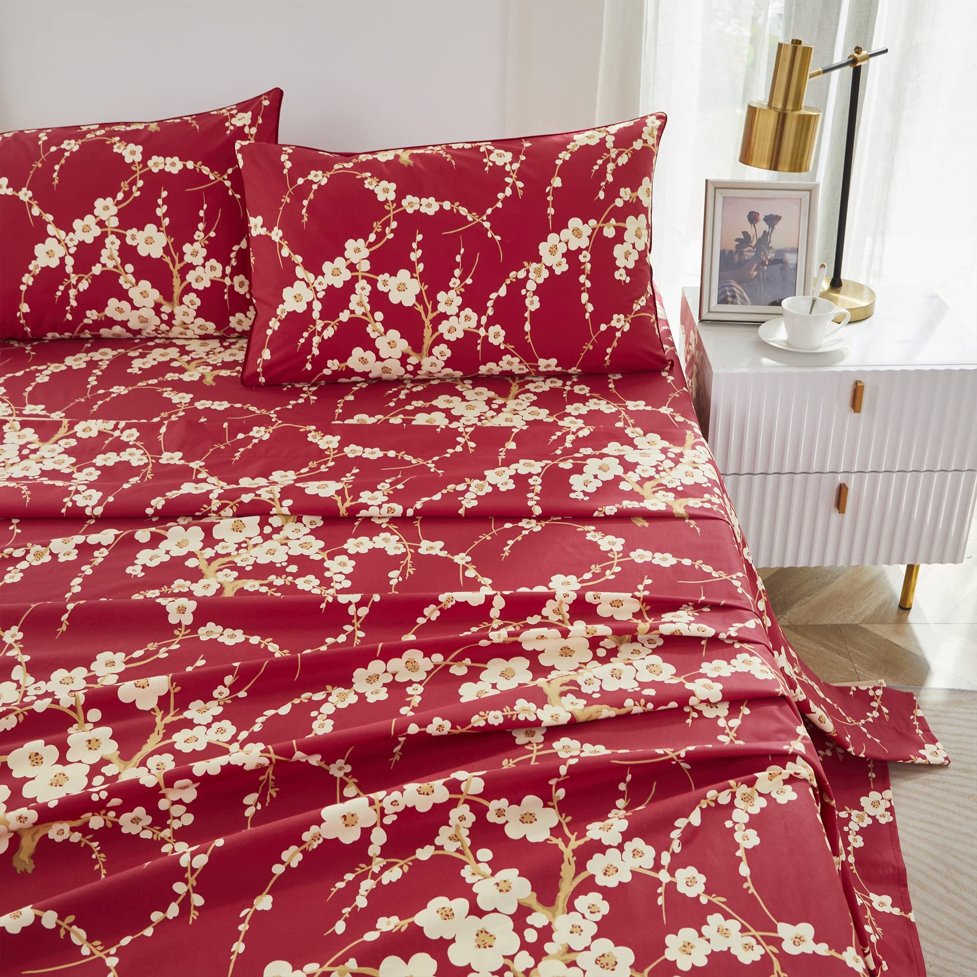 Brandream Floral Sheet Set Twin Size Japanese Oriental Style Cherry Red Blossom Flower Branches Print Chinoiserie Bedding Pillowcases Set 800TC Egyptian Cotton Sateen Botanical Tree Deep Pocket, 4 Pcs