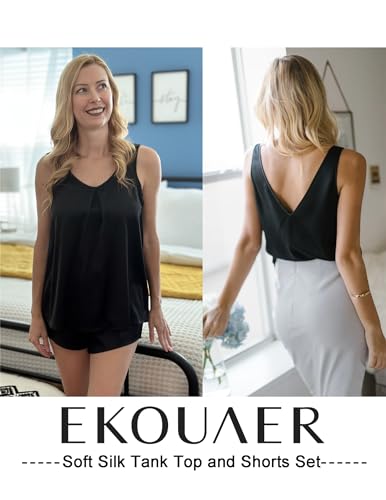 Ekouaer Satin Pajamas Womens Pjs Tank Shorts Set Silk Soft Sleepwear V Neck Summer 2 Piece Lounge Set Black,L
